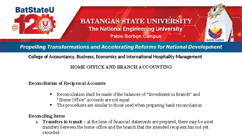 HOME OFFICE AND BRANCH ACCOUNTING: Reconciliation of Reciprocal ...