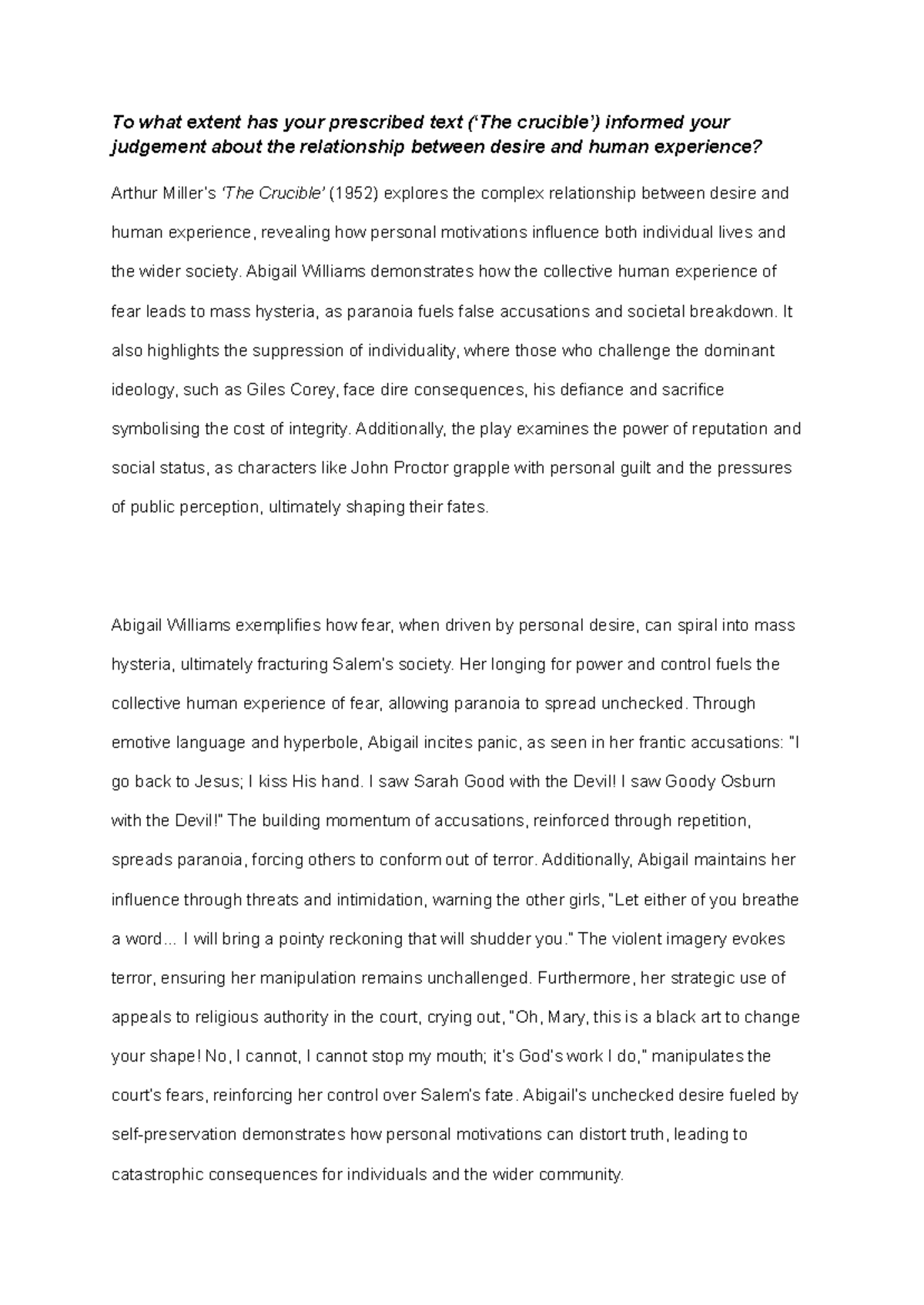 Crucible Essay: Desire, Fear, and Human Experience Analysis - Studocu