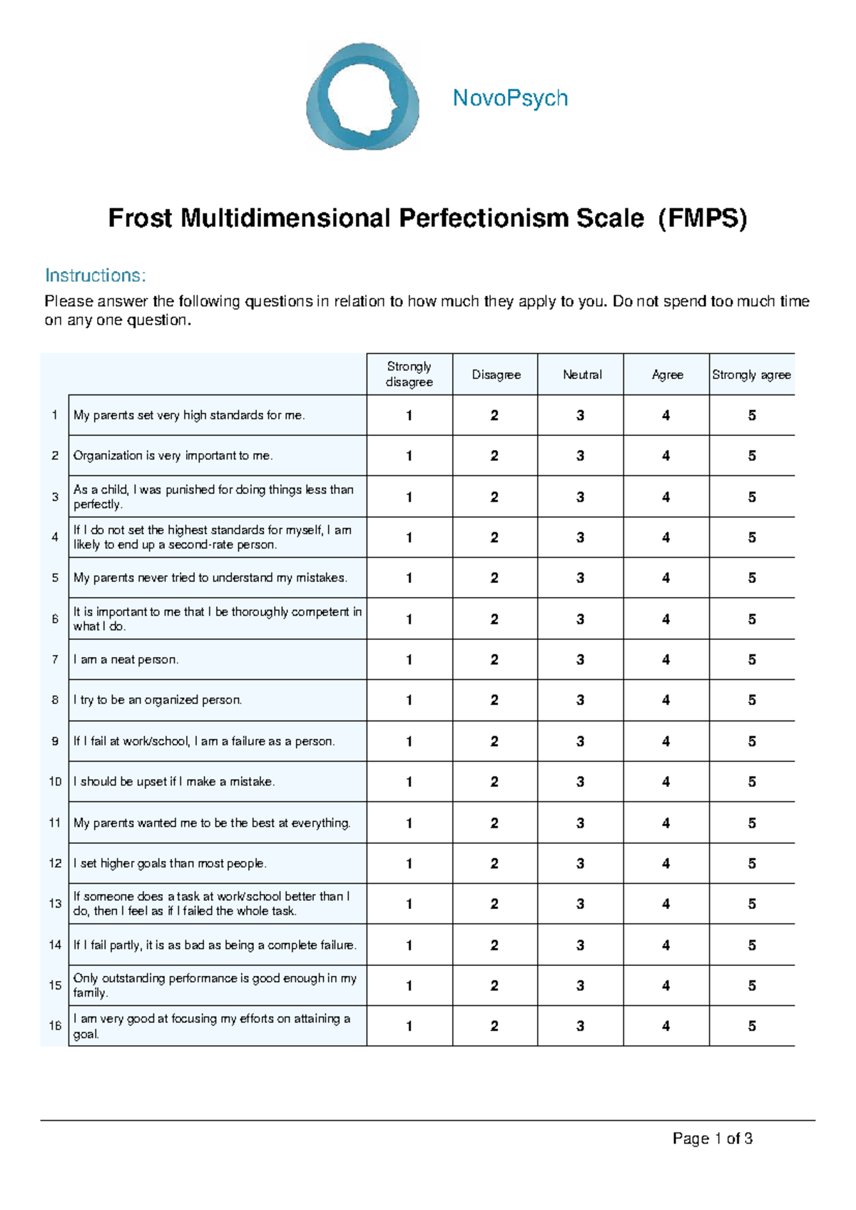NovoPsych FMPS Assessment Form: Instructions & Questions - Studocu