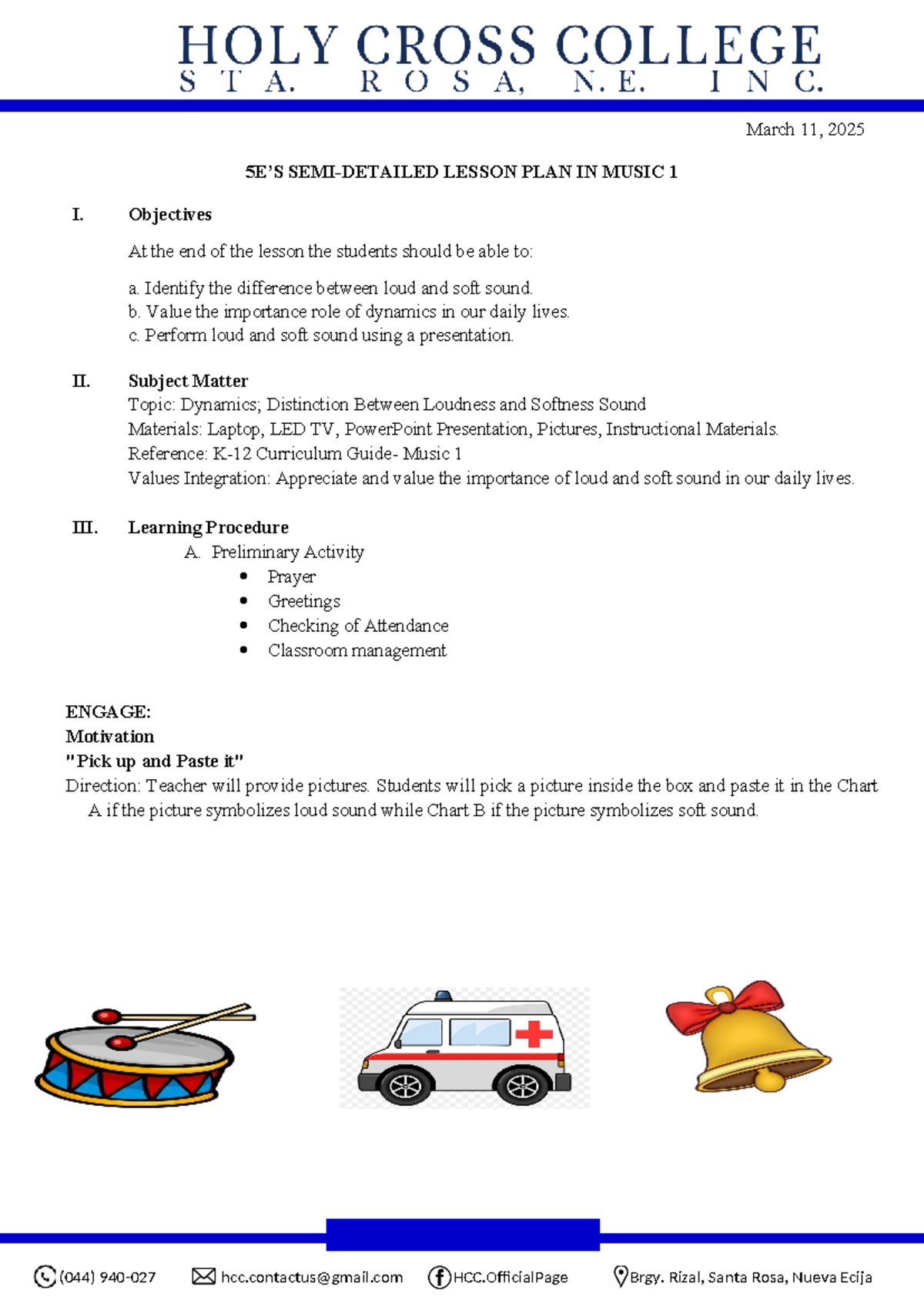 MUSIC 1 Lesson Plan: Distinction of Loud and Soft Sounds - Studocu