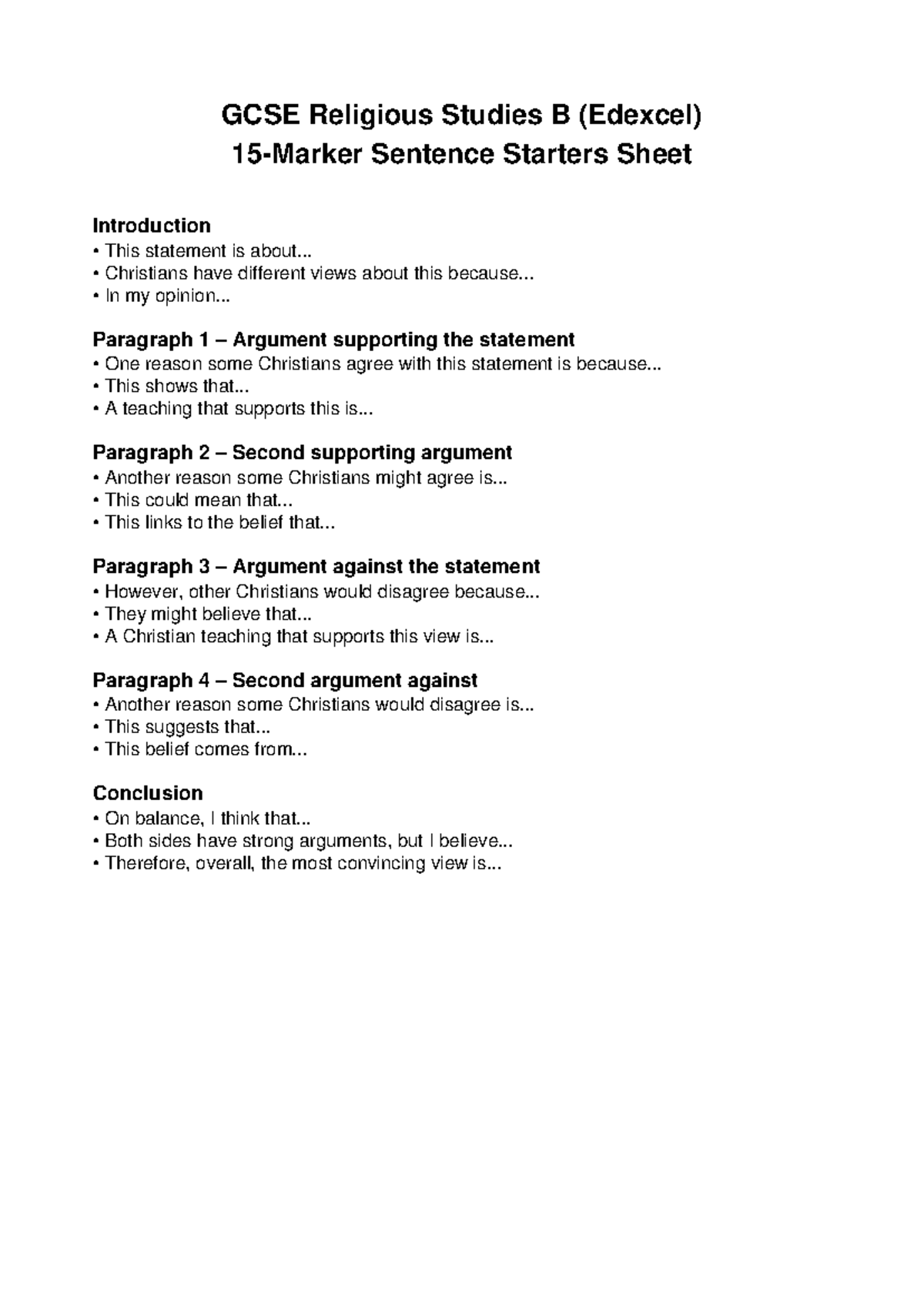 Edexcel RS 15 Marker Essay Sentence Starters Guide - Studocu