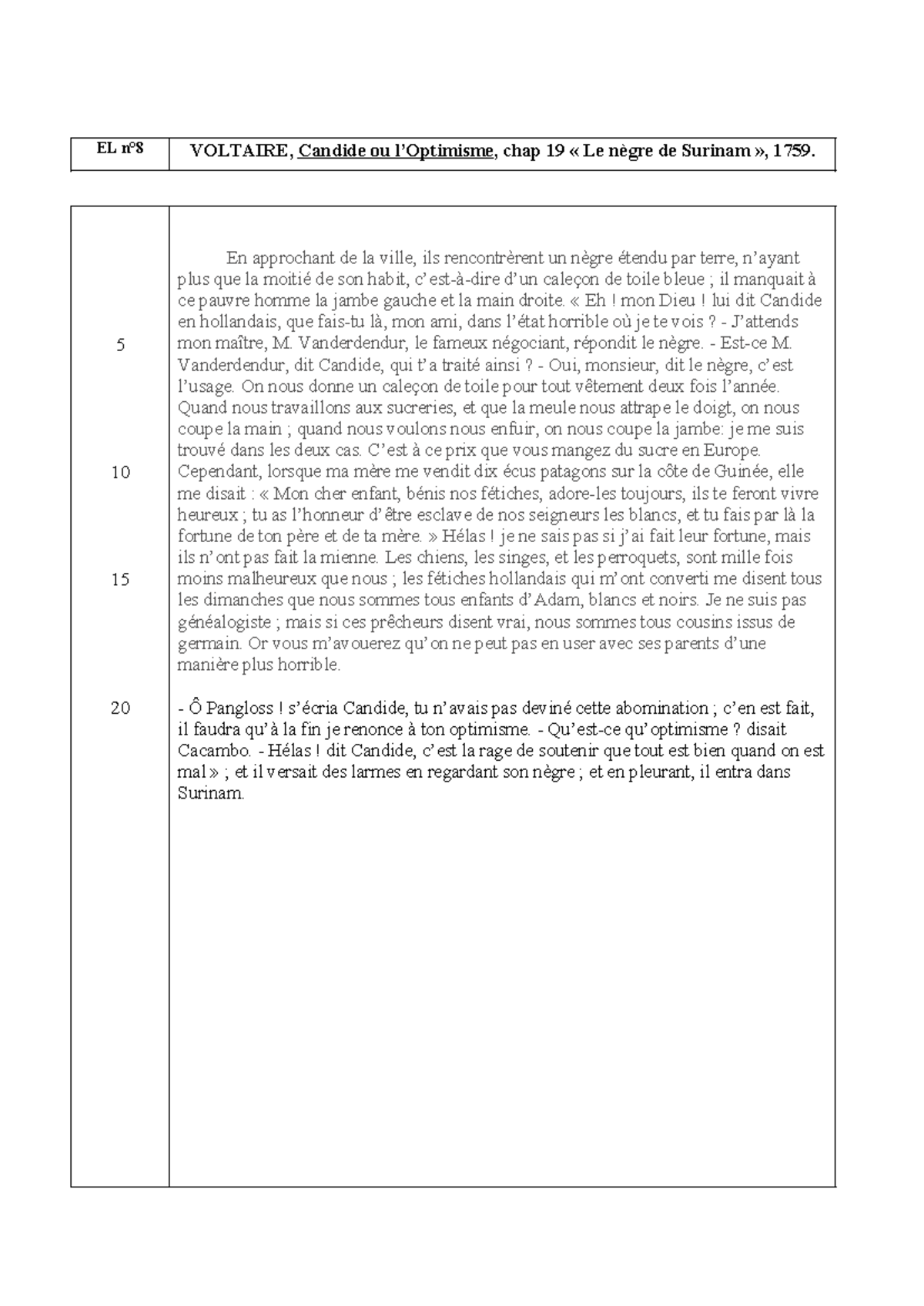 EL n°8 Candide - Chap 19: Le Nègre de Surinam en 1759 - Studocu