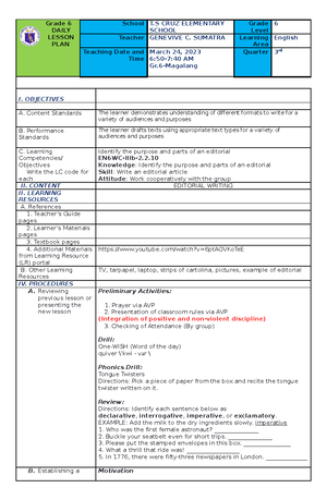 DLP- Template- Tagalog - School: Grade Level: Teacher: Learning Area ...