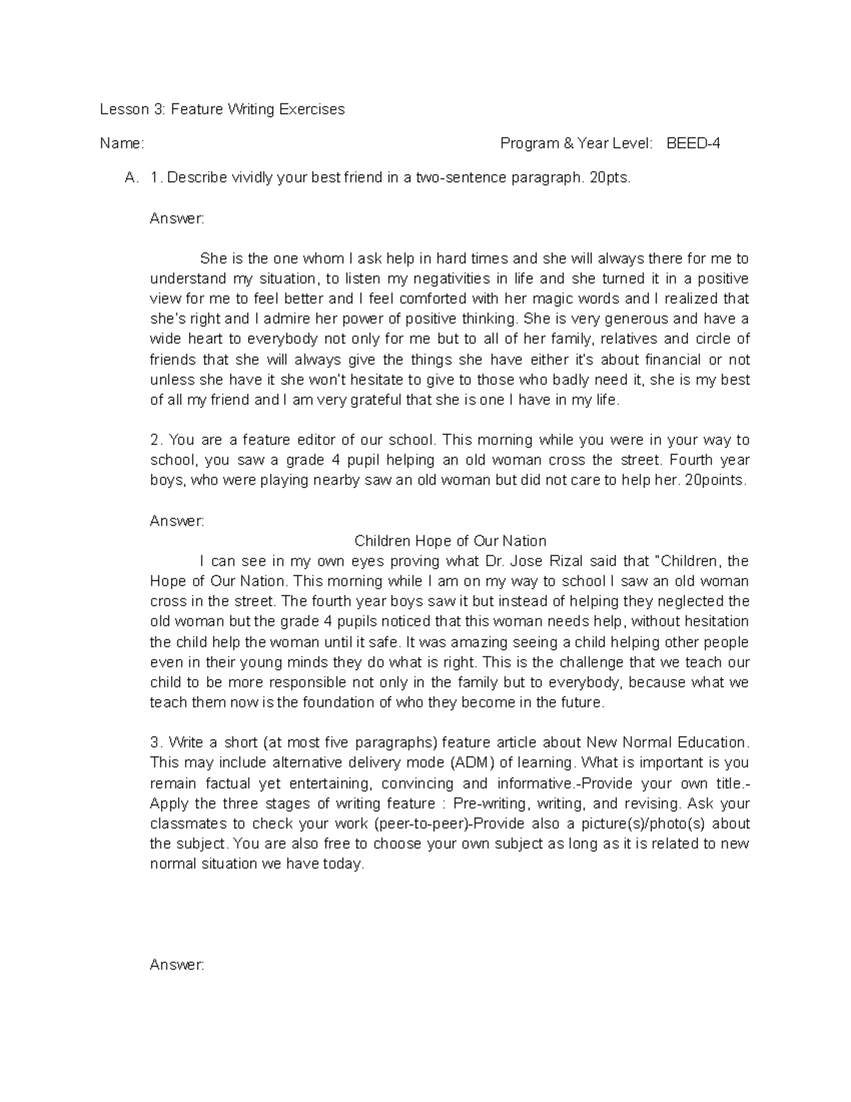 BEED- Lesson 3: Exercises in Feature Writing Techniques - Studocu