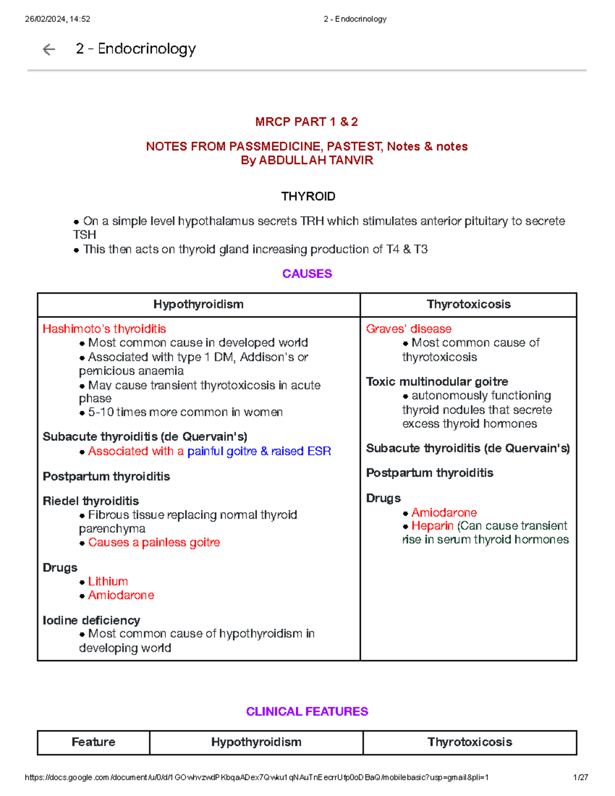 MRCP Part 1 & 2: Endocrinology Notes on Thyroid Disorders - Studocu