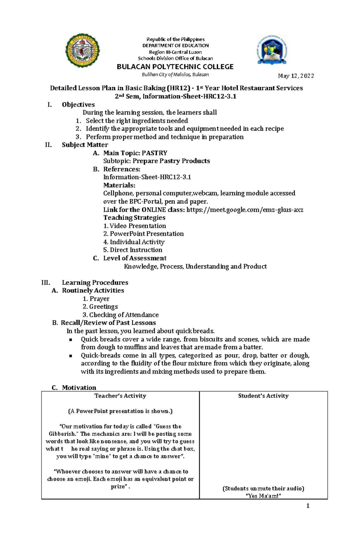 Detailed Lesson Plan on Pastry Preparation (HR12) - 1st Year HRS - Studocu