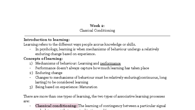 Psych- Lecture: Classical Conditioning Overview and Concepts - Studocu