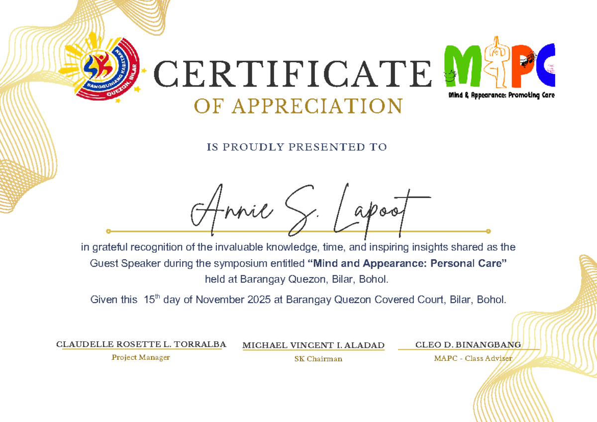Certificates of Participation - MAPC Symposium on Personal Appearance ...