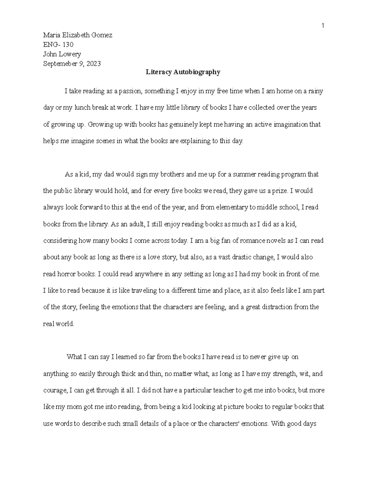 ENG-130 Literacy Autobiography: My Journey Through Reading - Studocu