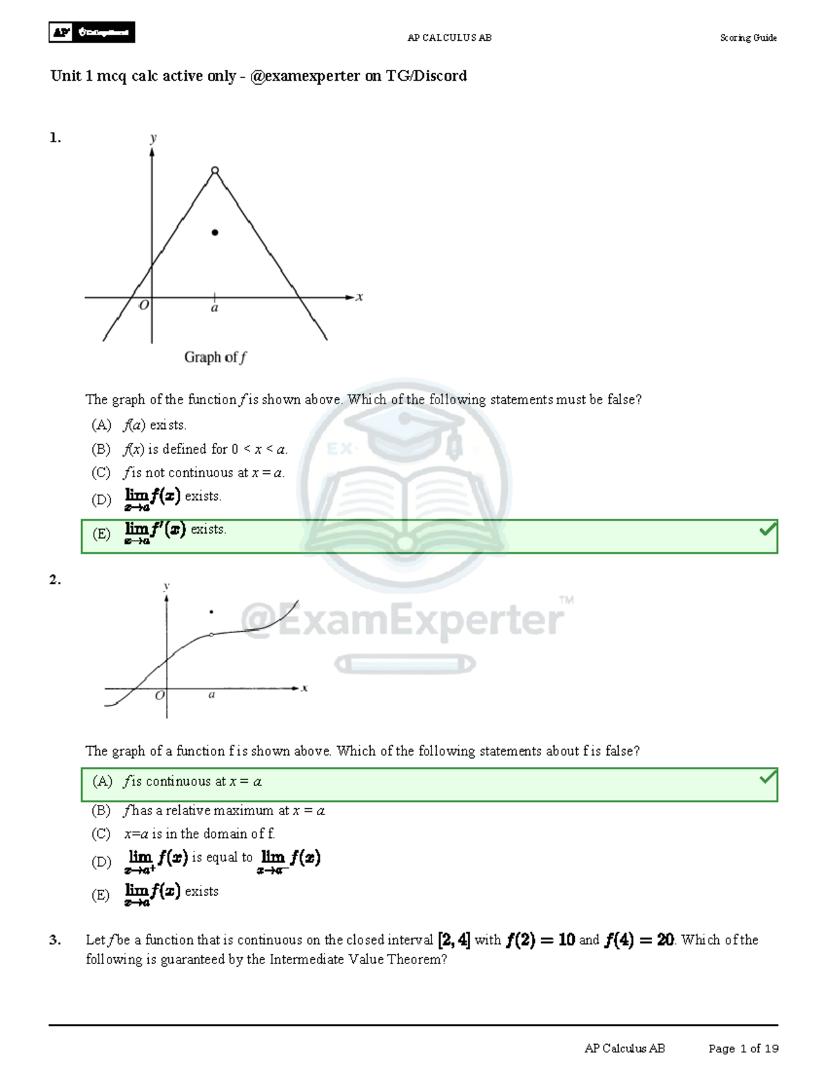 AP CALCULUS AB Unit 1 MCQ Scoring Guide and Answers - Studocu