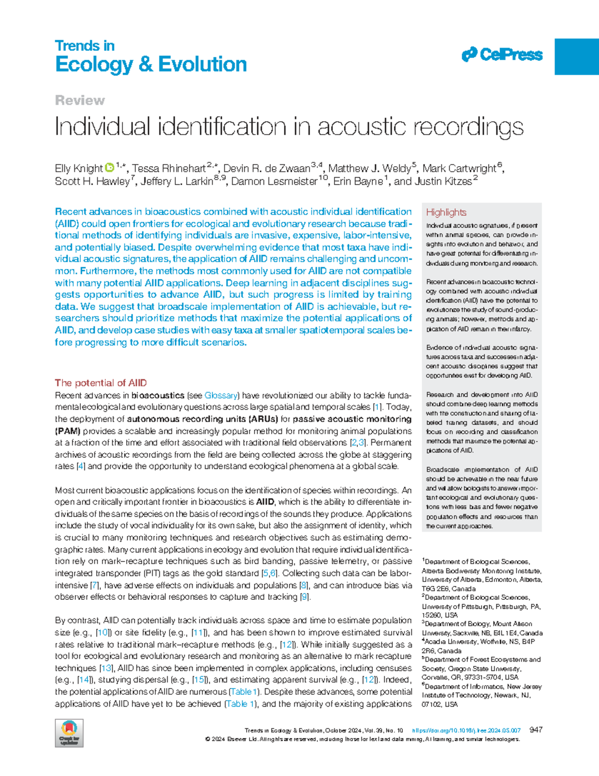 Advances in Acoustic Individual Identification (AIID) in Ecology ...