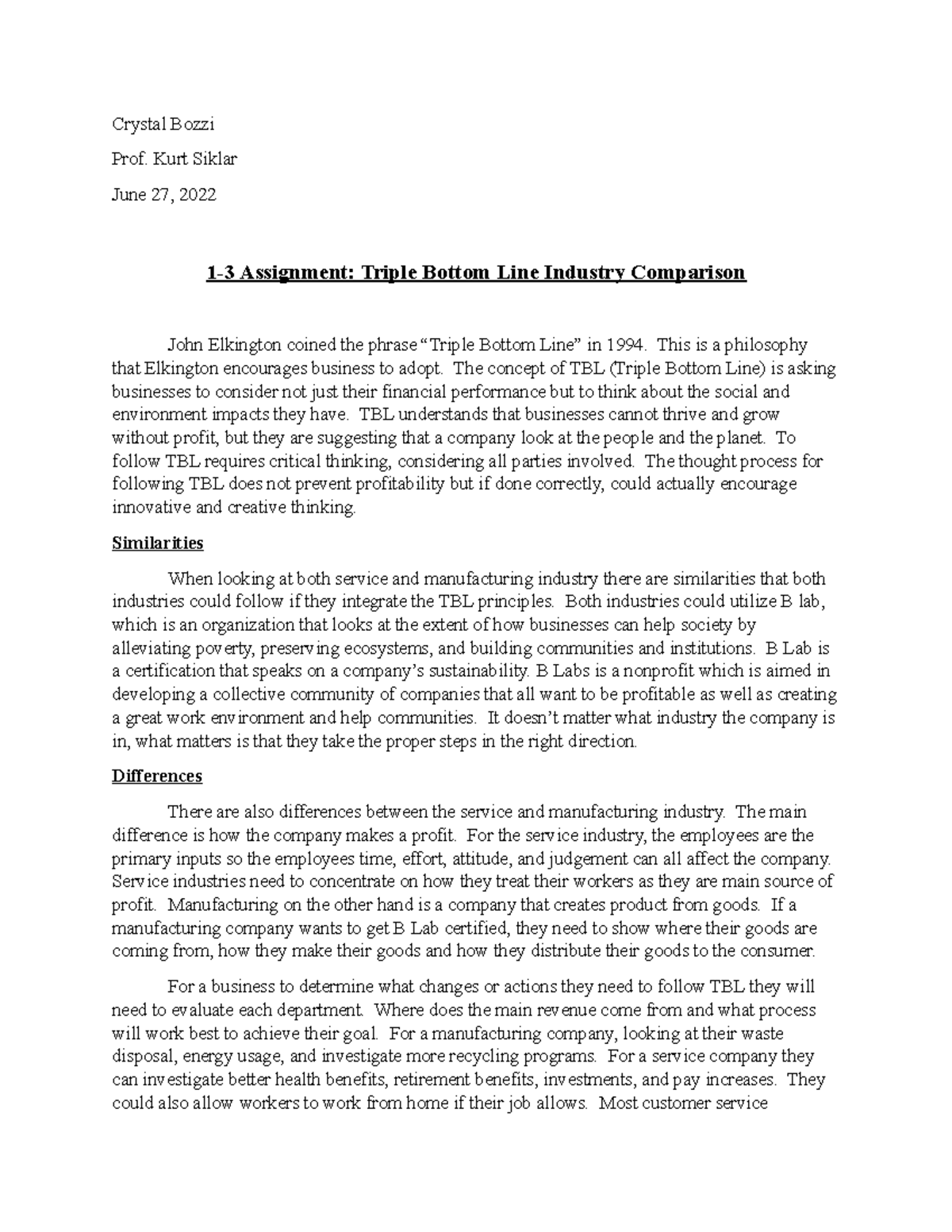 Triple Bottom Line Comparison: Service vs Manufacturing - QSO 321 - Studocu
