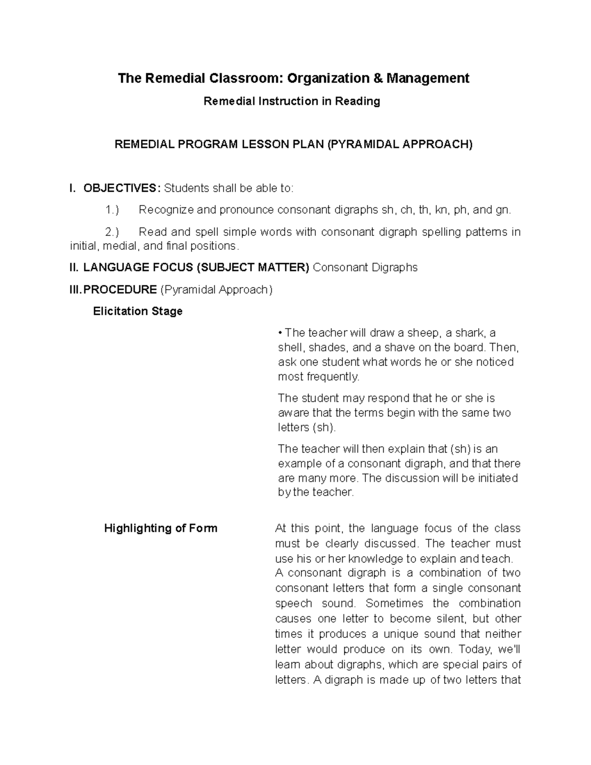 Remedial Instruction Lesson Plan for Reading (EDU 101) - Studocu