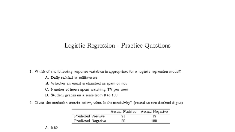 Logistic Regression MCQ Practice Questions for Stats 101 - Studocu