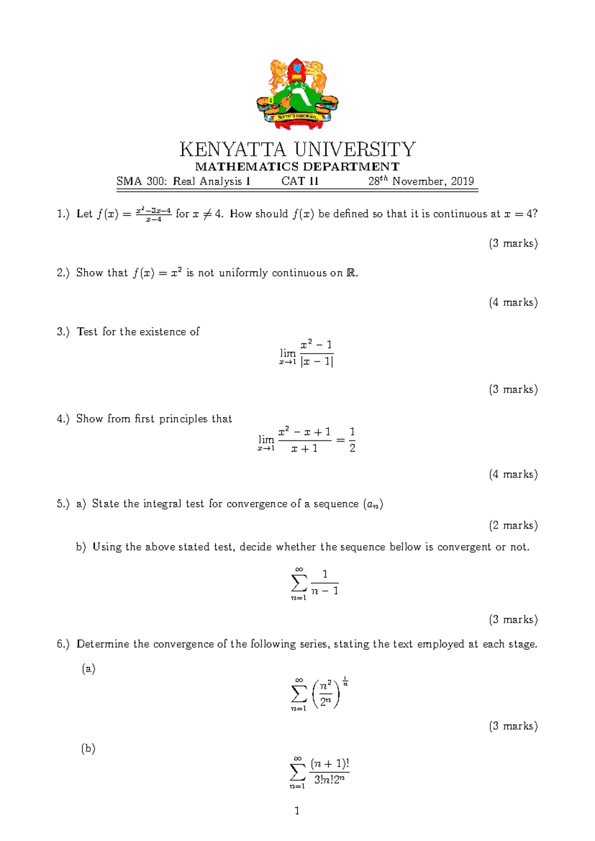 SMA 300: Real Analysis I CAT II Exam Notes - 28th Nov 2019 - Studocu