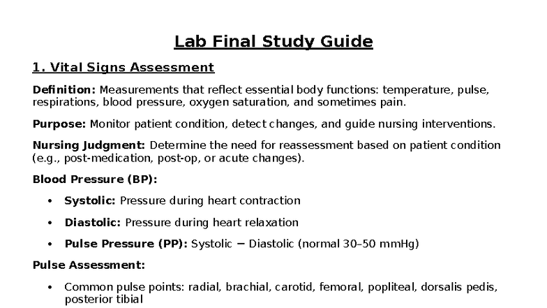Lab Final Study Guide - Vital Signs Assessment Definition: Measurements ...