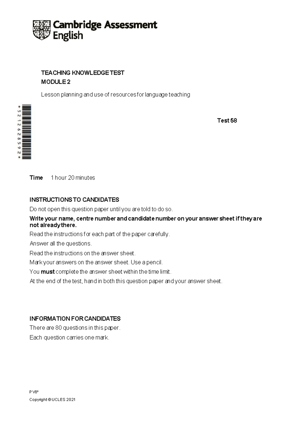 TKT Module 2 Sample Paper: Lesson Planning & Resource Use Test - Studocu