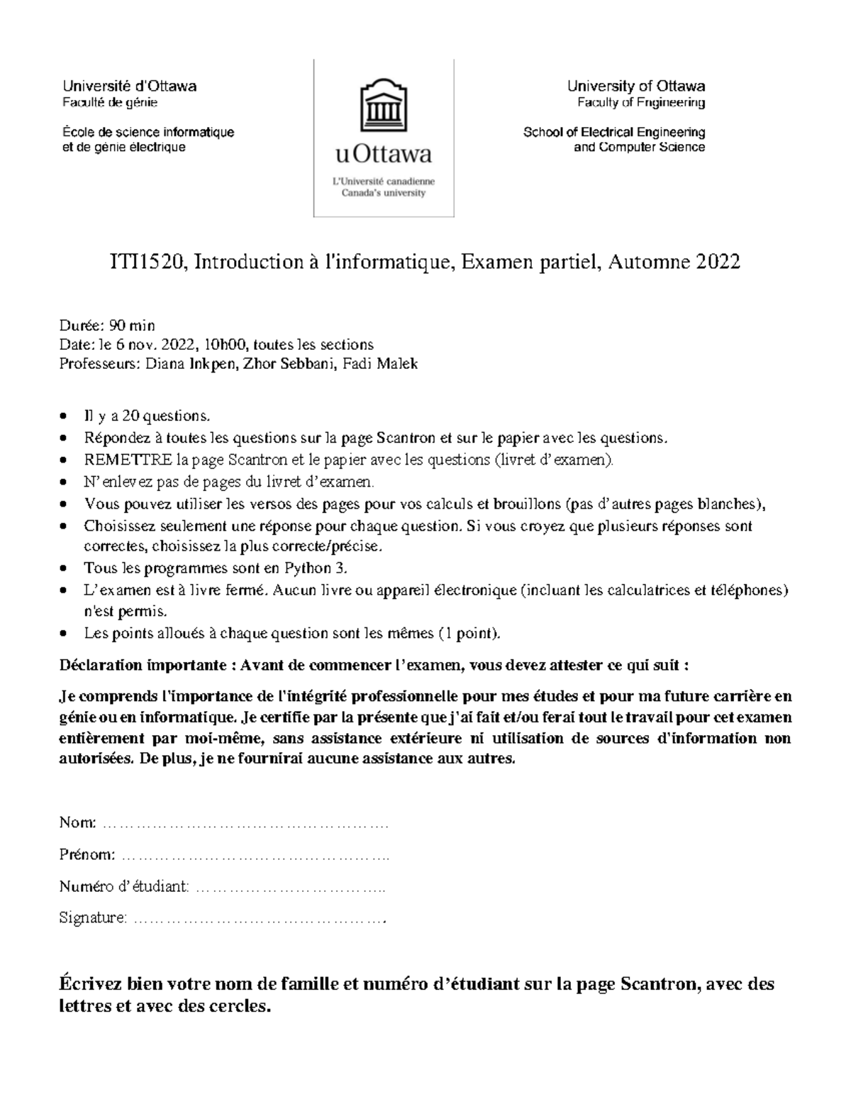 Examen Partiel 2022 ITI1520: Questions et Instructions - Studocu