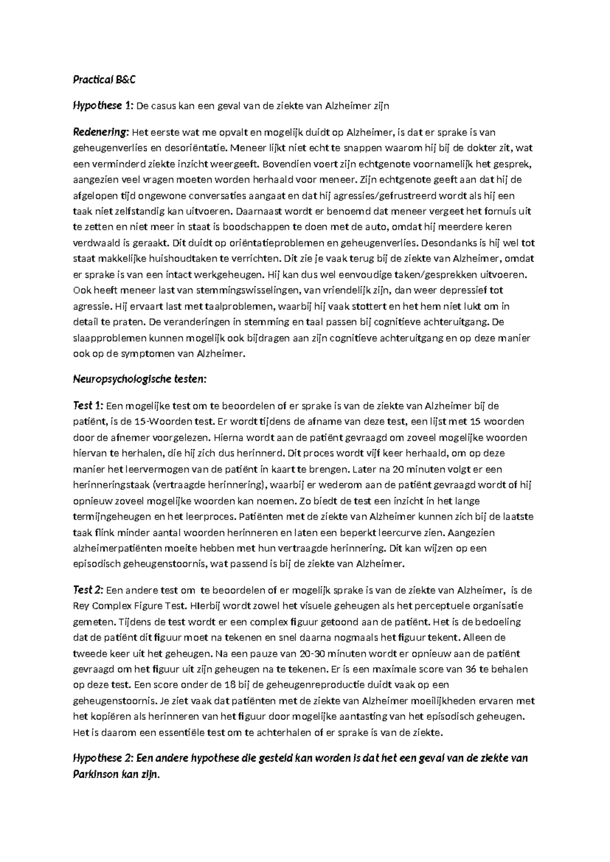 Practicum Brein: Alzheimer en Parkinson Diagnostische Casus - Studeersnel