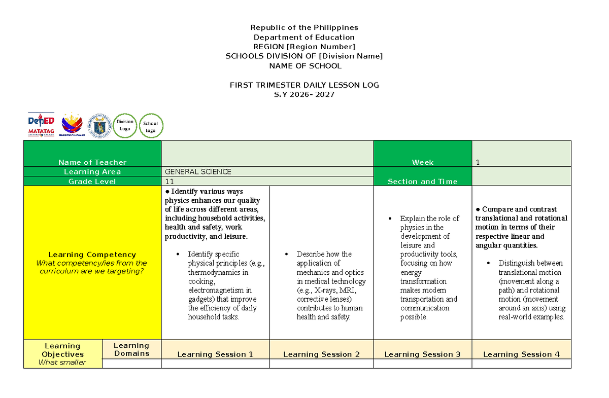 General Science 11: First Trimester Daily Lesson Log (S.Y. 2027) - Studocu