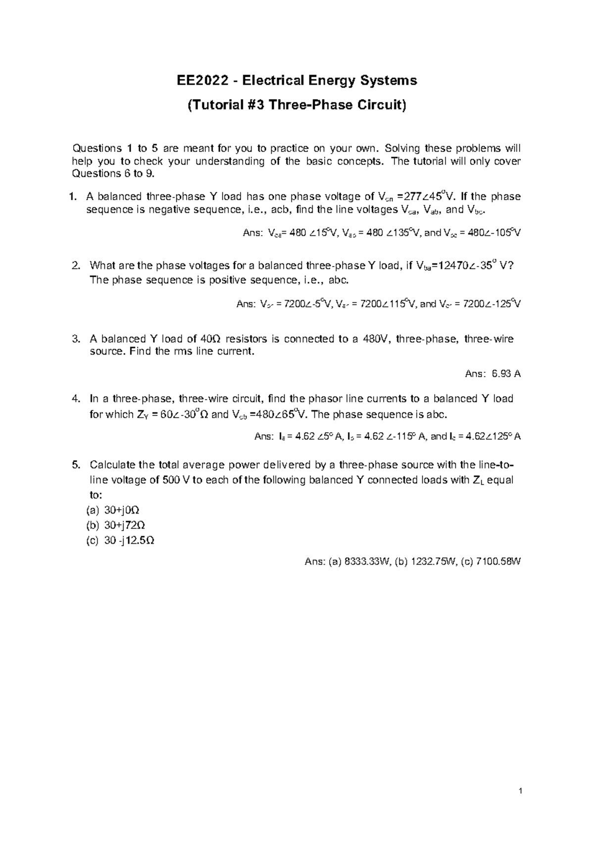 EE2022 Tutorial 3 - Three Phase Circuits Practice Questions - Studocu