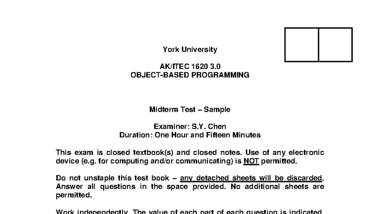 York University 1620 3.0 Programming Midterm Test Sample Solutions ...
