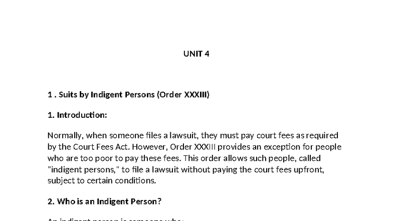 UNIT 4 CPC - Suits by Indigent Persons and Government Actions - Studocu