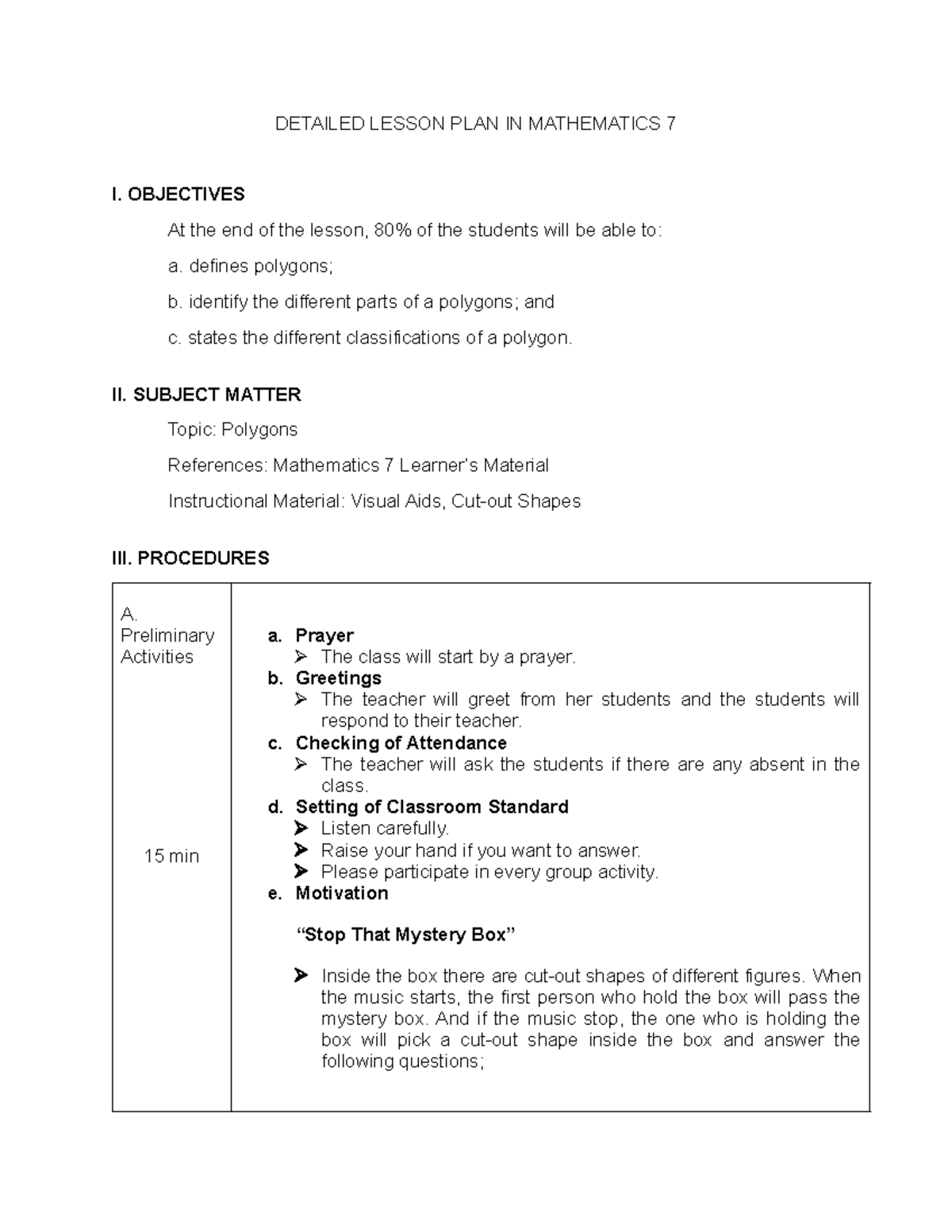BSED-MATH Lesson Plan: Understanding Polygons in Mathematics 7 - Studocu