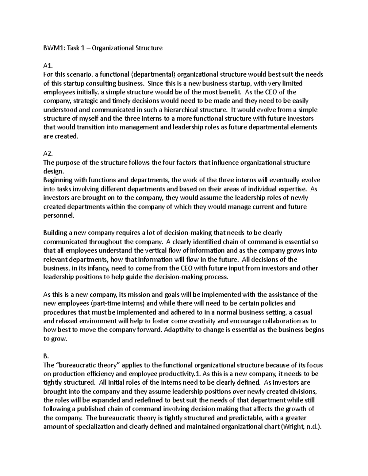 D078 Task 1: Exploring Functional Organizational Structure - Studocu