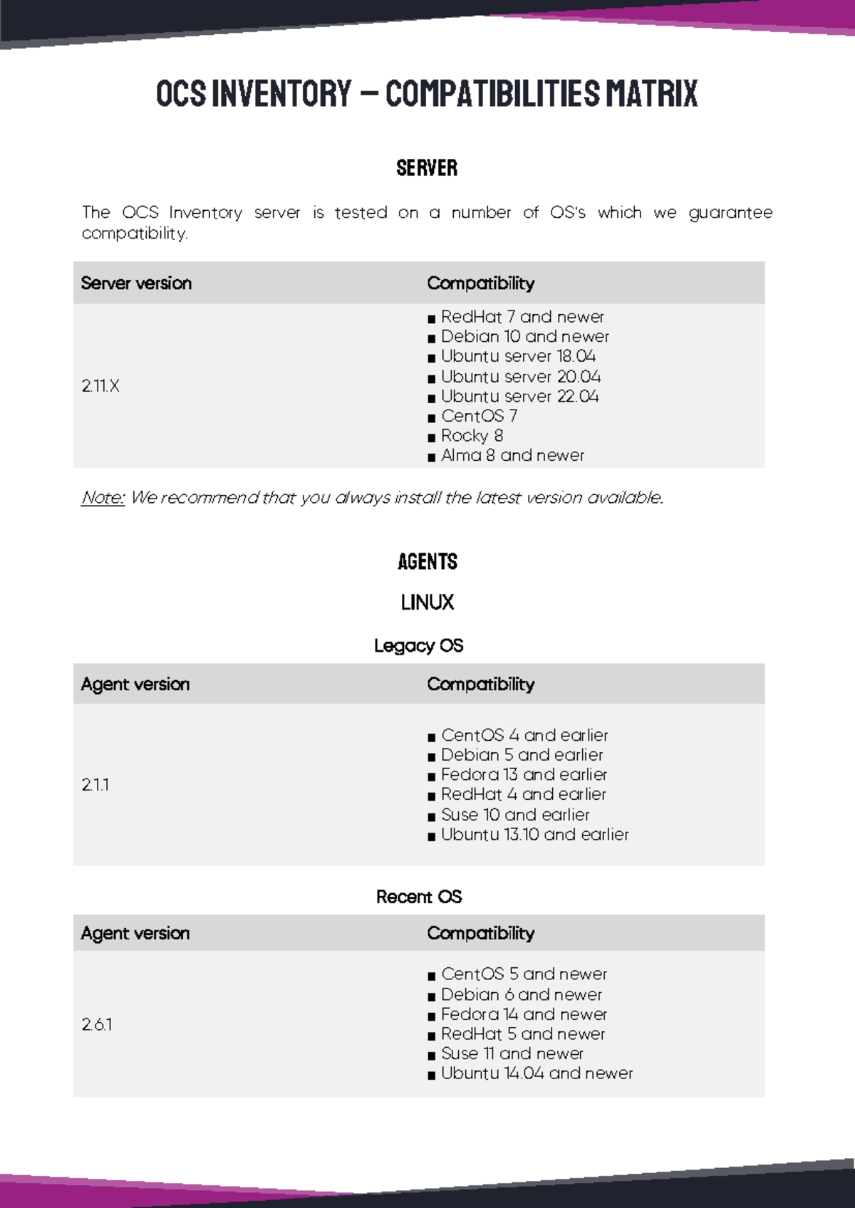 OCSInventory Compatibility Matrix for Server and Agent Versions - Studocu