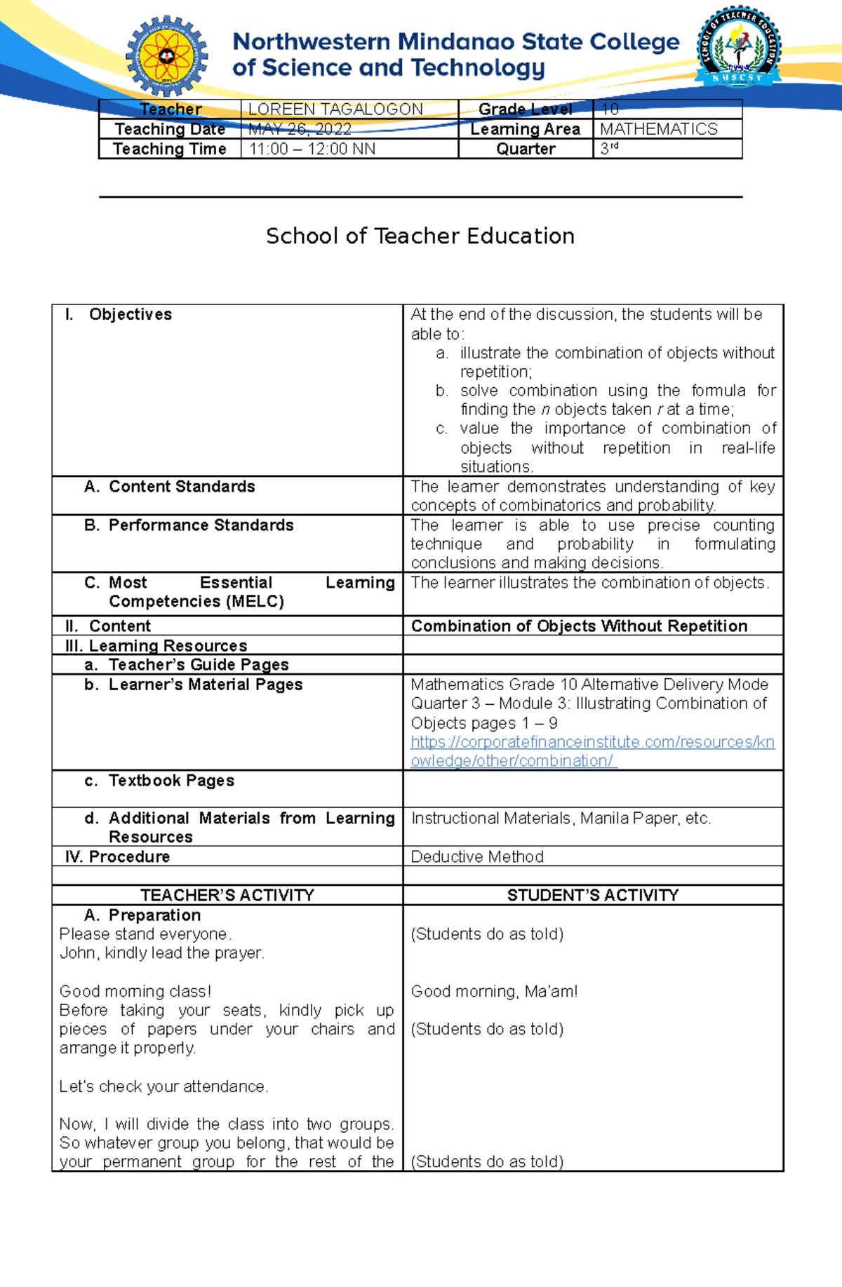 10th Grade Math - Combination Lesson Plan & Activities (Q3) - Studocu
