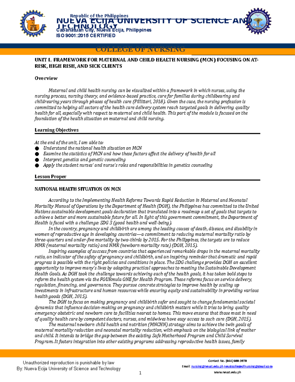 Maternal Health Risks and Nursing Strategies: NCM 109 Lecture Notes ...