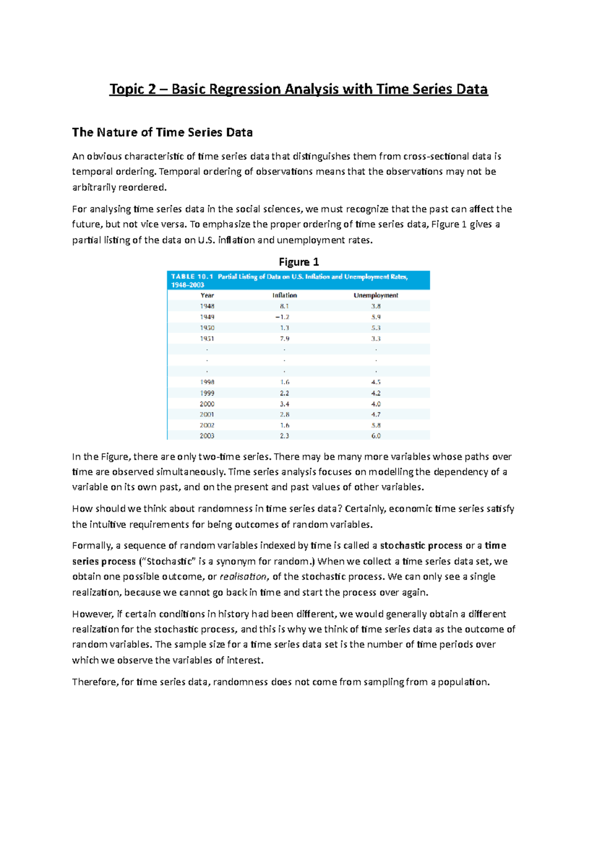 Topic 2 - Basic Regression Analysis with Time Series Data - Temporal ordering of observations ...
