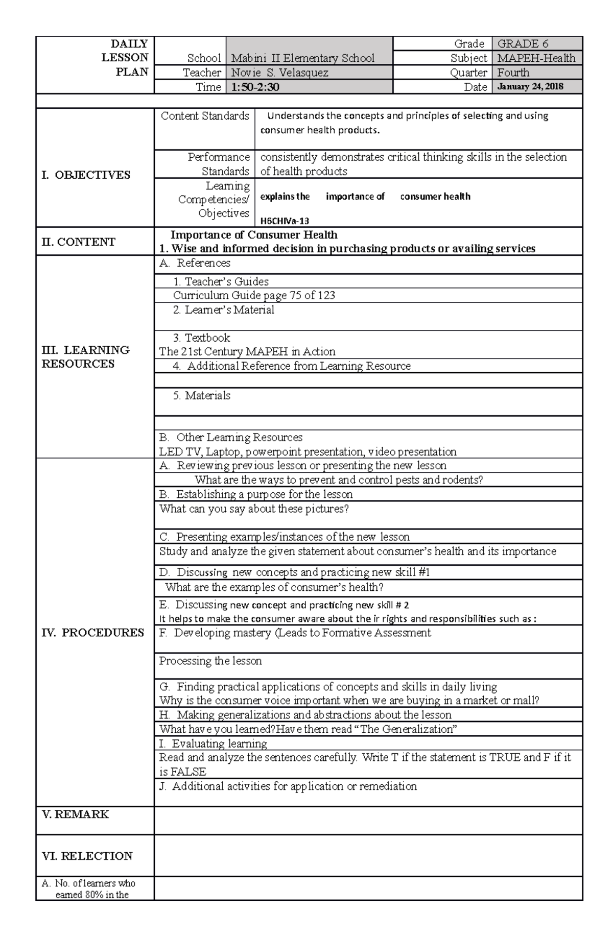 DLP MAPEH-Health (Grade 6) - Lesson Plan for Consumer Health - Studocu