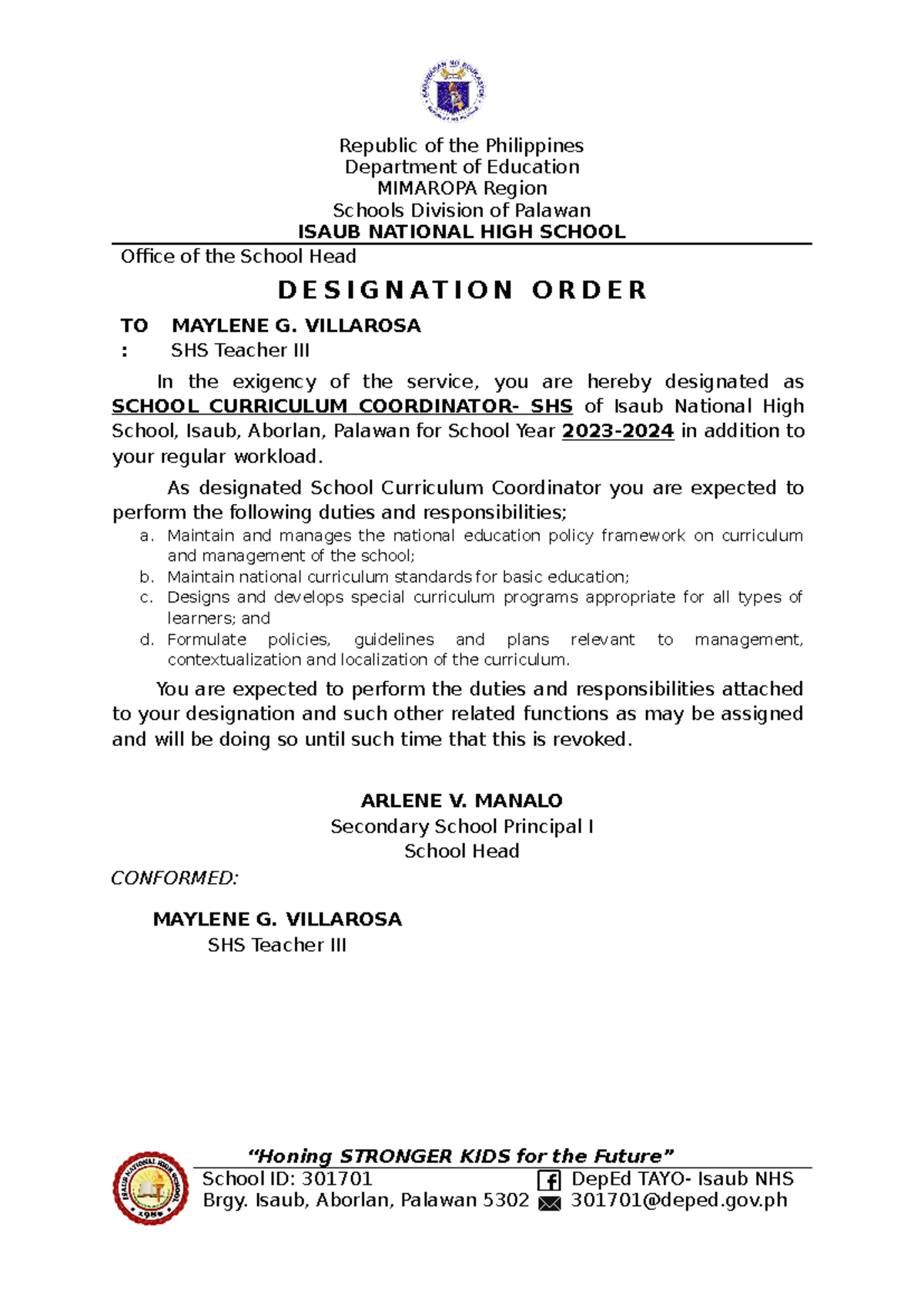 Designation Order for Curriculum Coordinator - Isaub NHS SY 2023-2024 ...