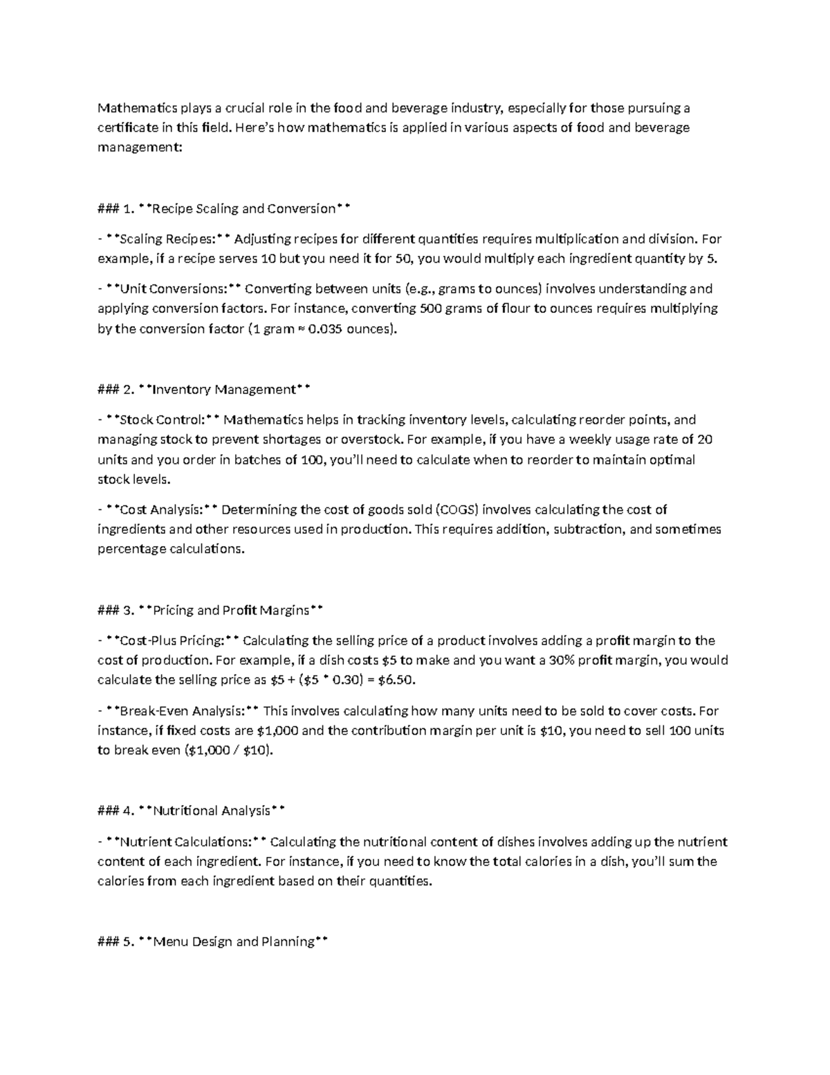 Mathematics in Food & Beverage Management: Key Topics for Cert. - Studocu