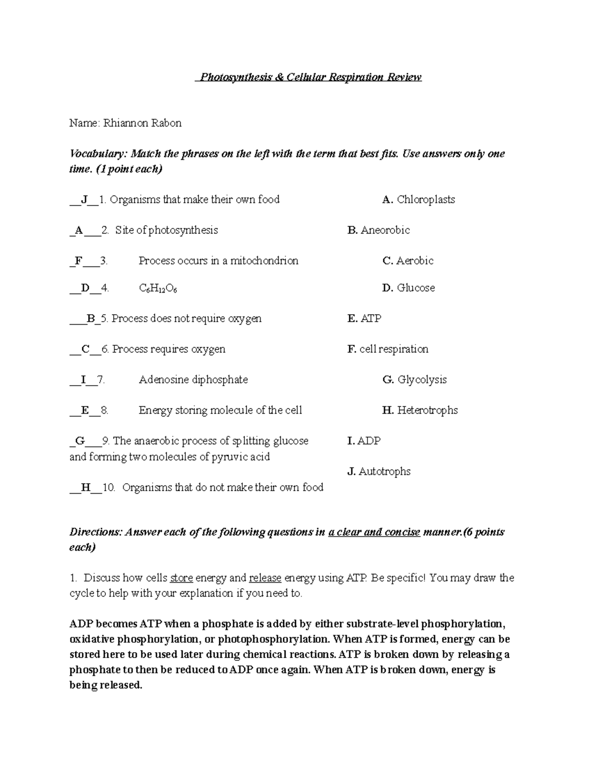 Photosynthesis & Cellular Respiration (BIO101) Review Notes - Studocu