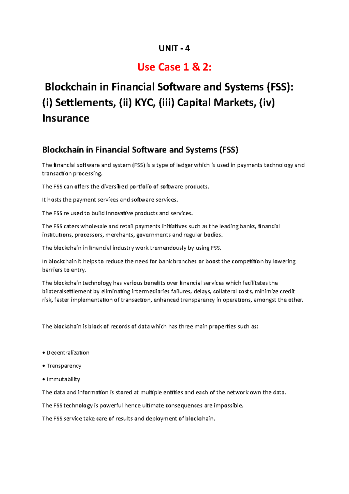 UNIT 4 Blockchain: Financial Software & Trade Use Cases Insights - Studocu