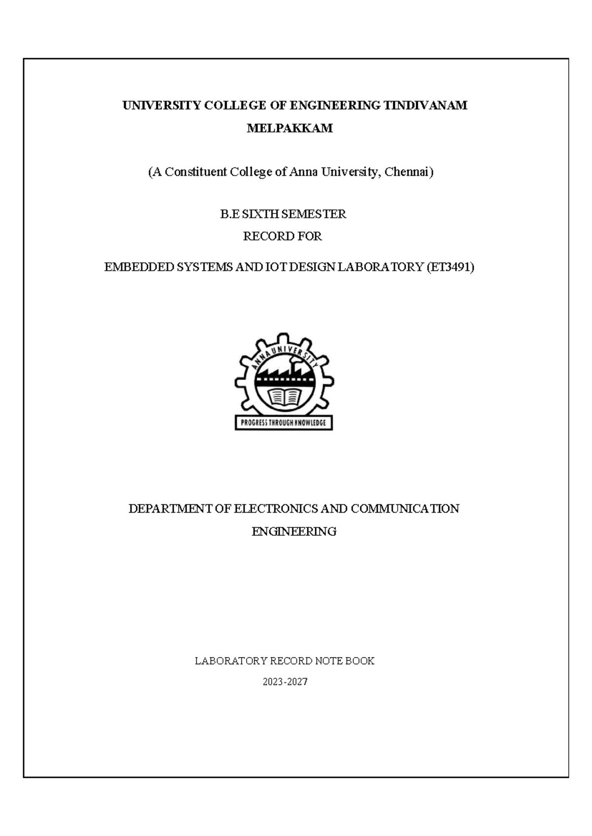 B.E. VI Sem Lab Record: Embedded Systems & IoT (ET3491) - Studocu