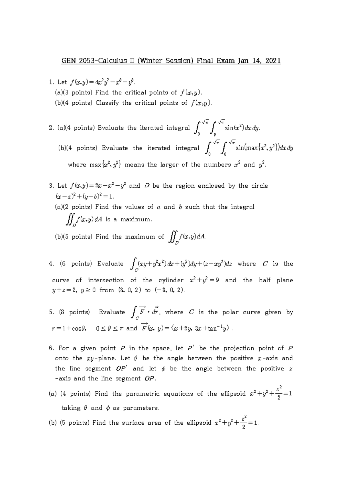 GEN 2053-Calculus II Final Exam Guide (2015-2020) - Studocu
