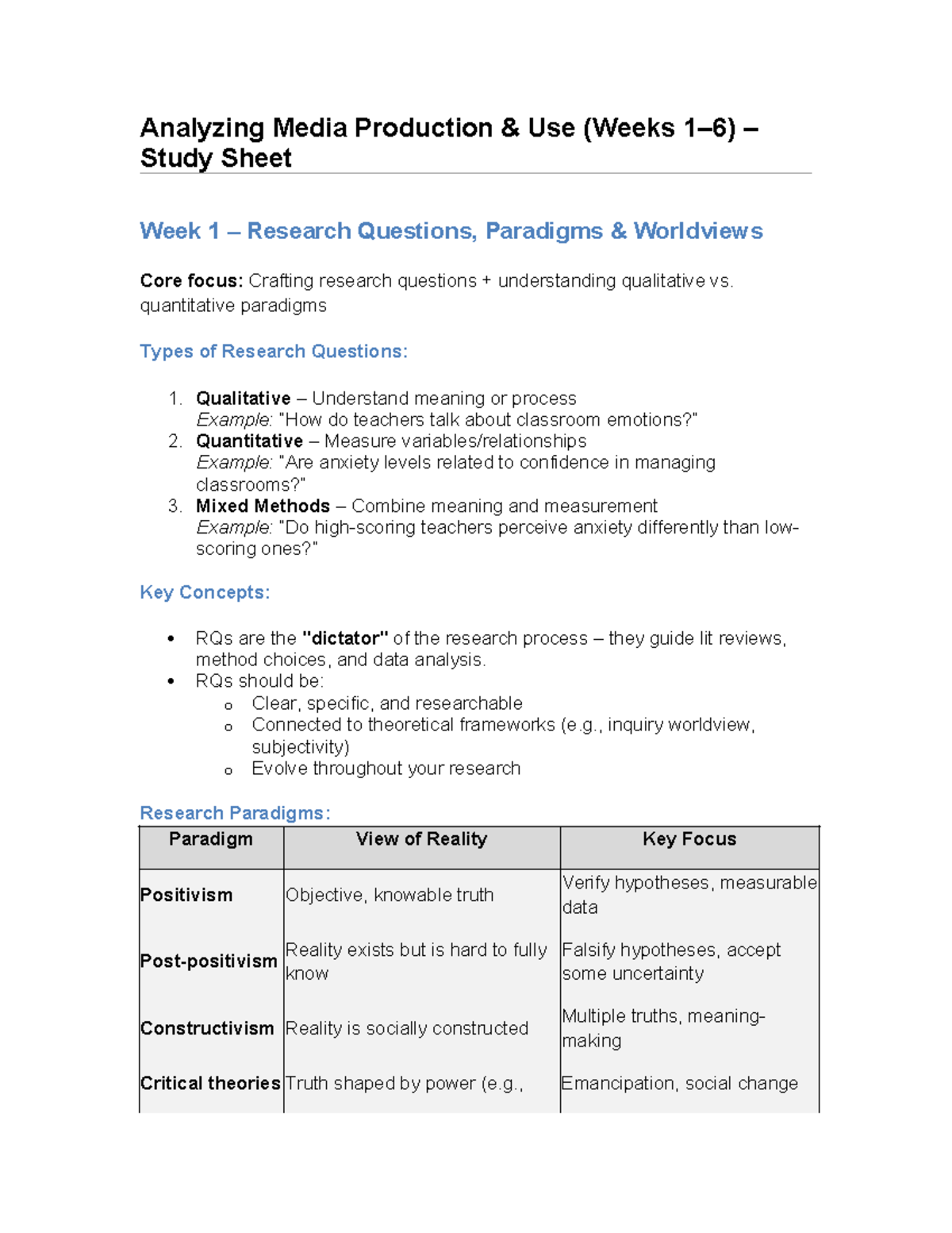 AMPU Study Sheet: Analyzing Media Production & Research Paradigms ...