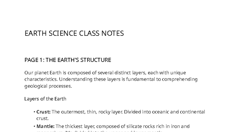 Earth Science Class Notes: Structure, Rocks, and Plate Tectonics - Studocu