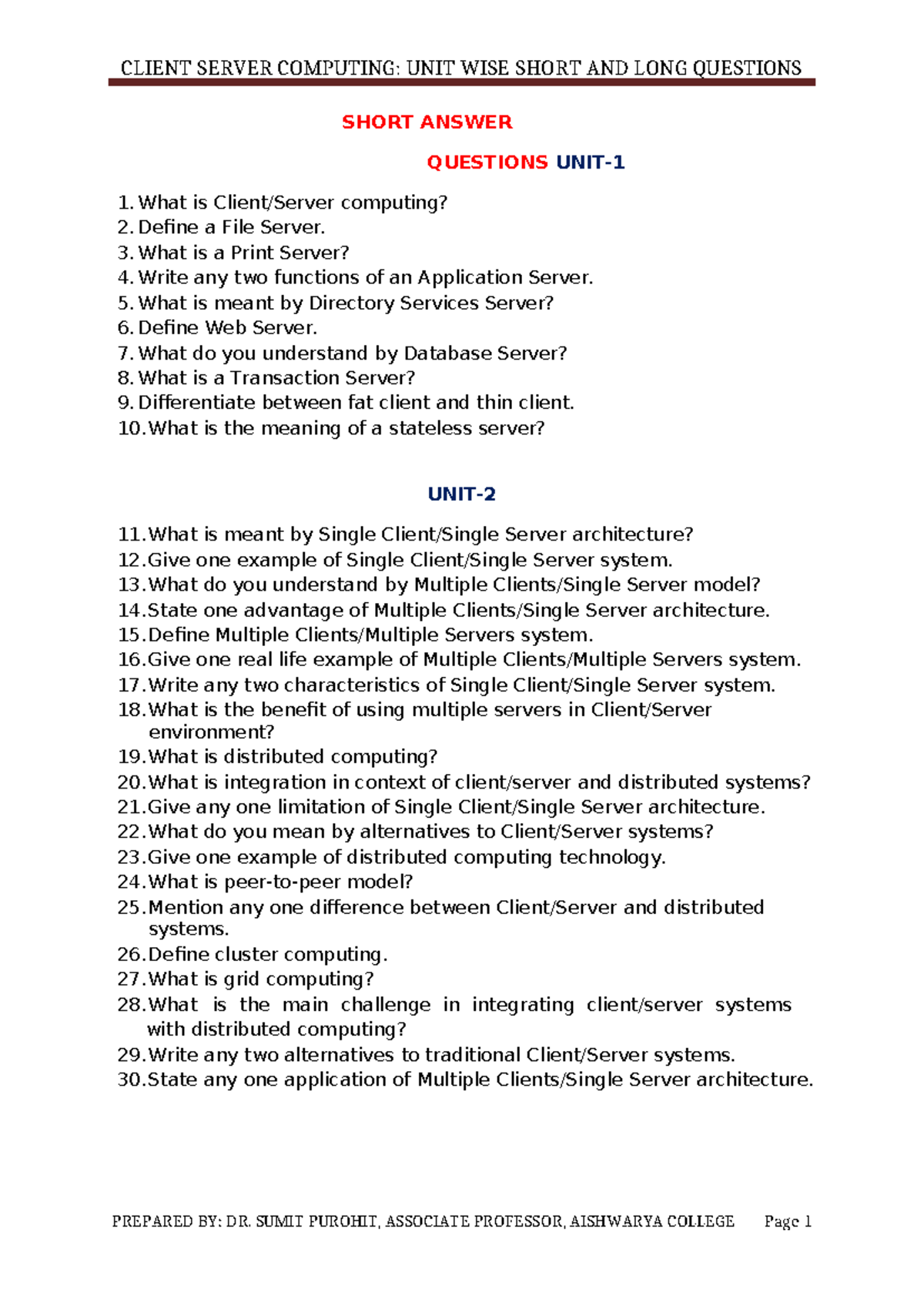CLIENT SERVER COMPUTING: UNIT WISE SHORT & LONG QUESTIONS GUIDE - Studocu