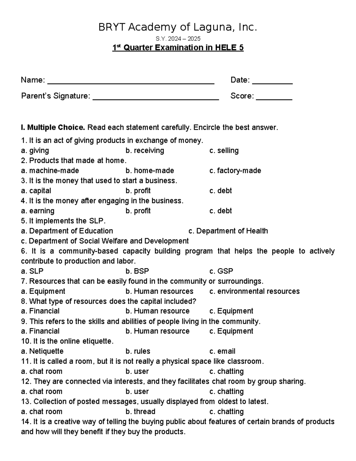 HELE 5 S.Y. 2024-2025 1st Quarter Exam Questions and Answers - Studocu
