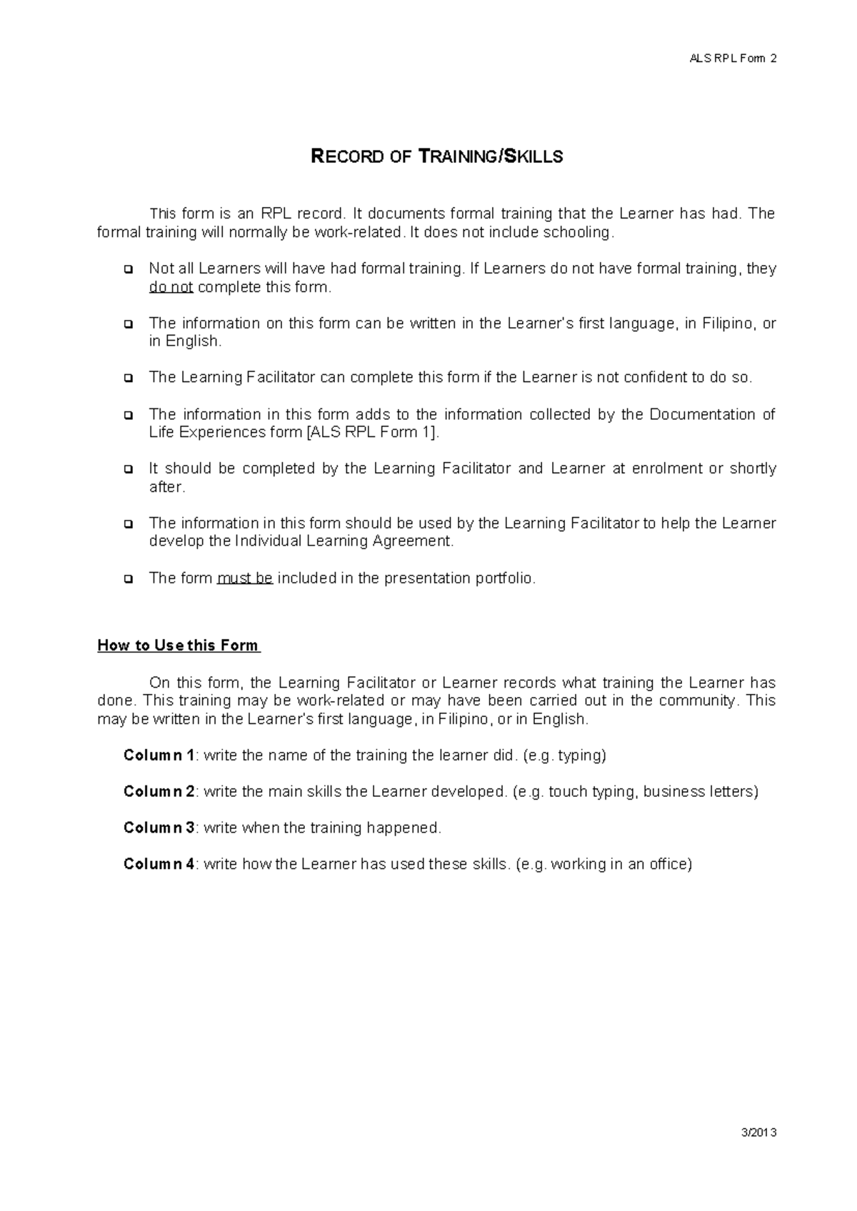 RPL Form 2: Record of Training Skills Documentation - Studocu
