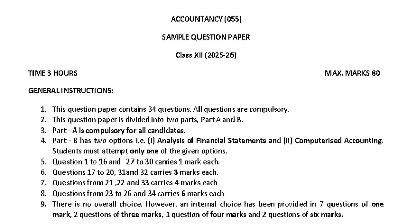 Accountancy (055) Class XII Sample Question Paper 2025-26 - Studocu