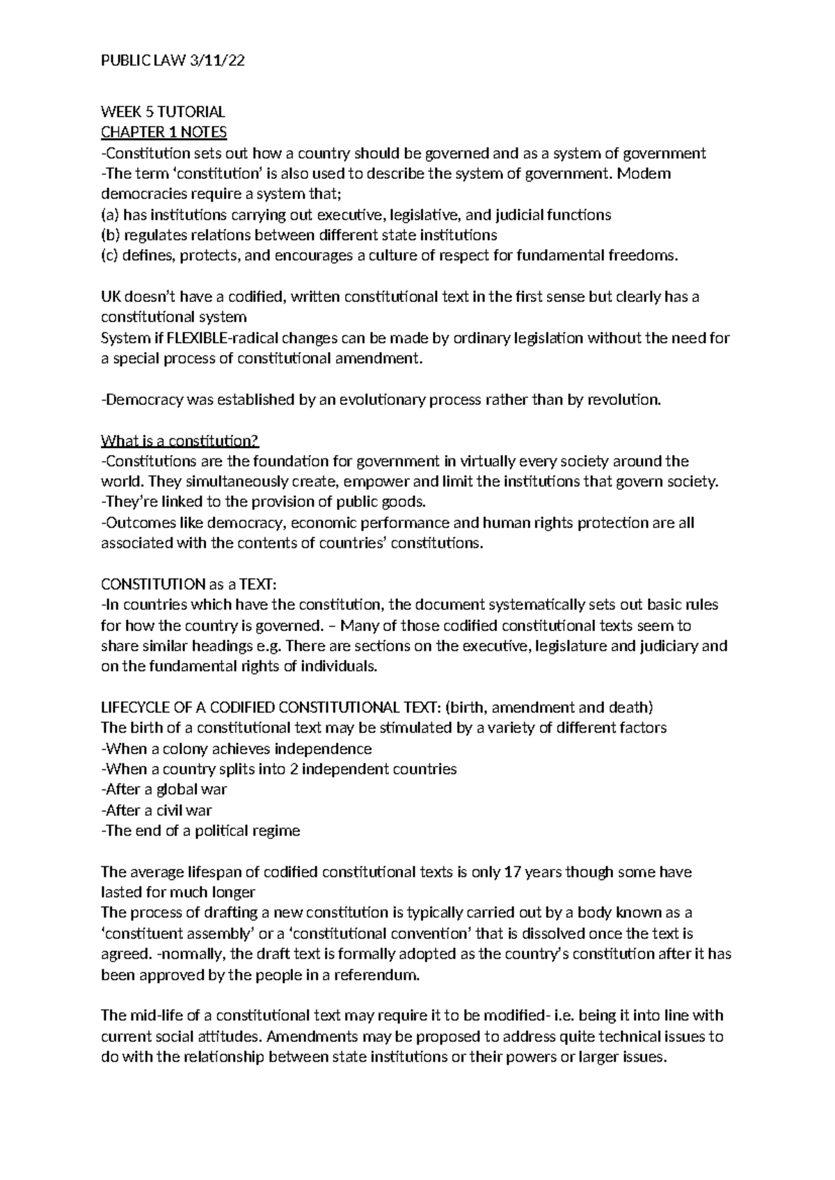 WEEK 5 Tutorial - WEEK 5 TUTORIAL CHAPTER 1 NOTES -Constitution sets ...