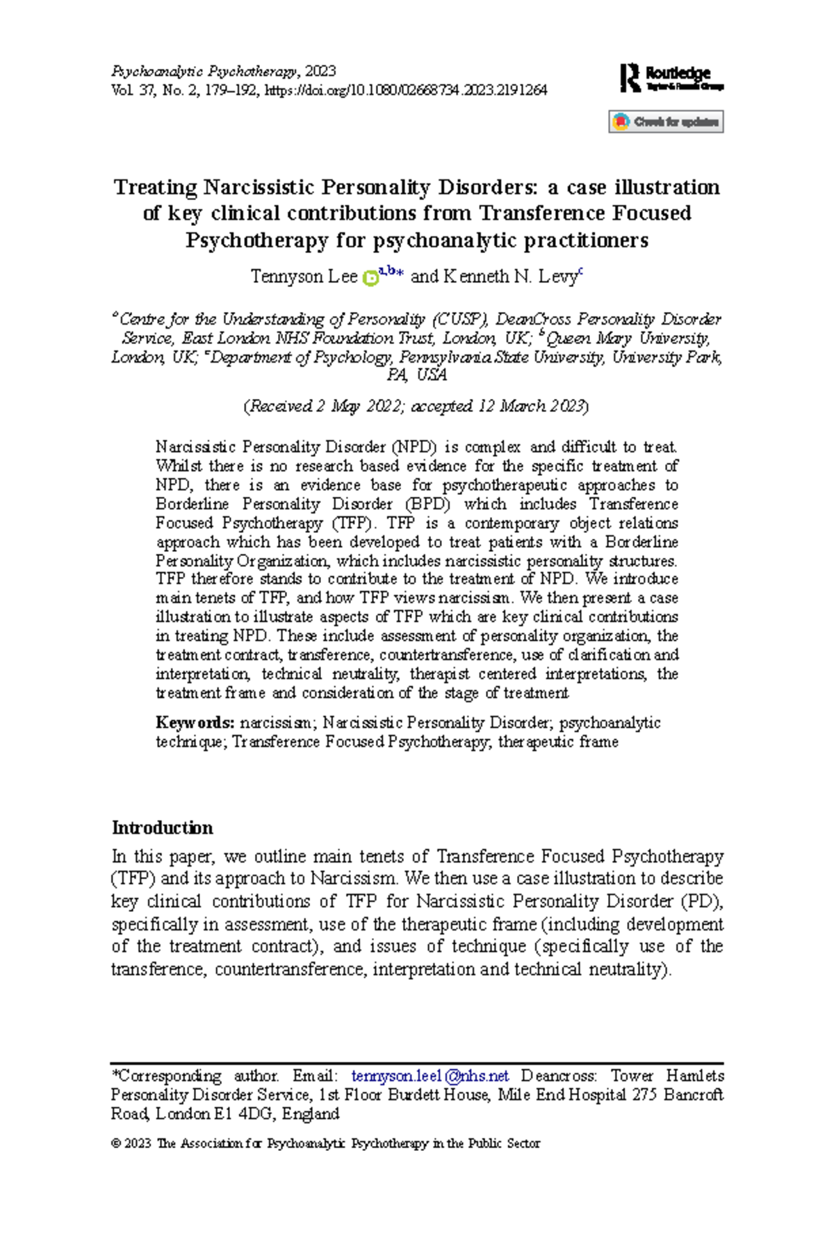 Wk 10 Case Study: TFP Interventions for Narcissistic Personality ...