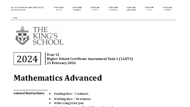 Year 12 Mathematics Advanced (12AT1) Assessment Task 1 Solutions 2024 ...