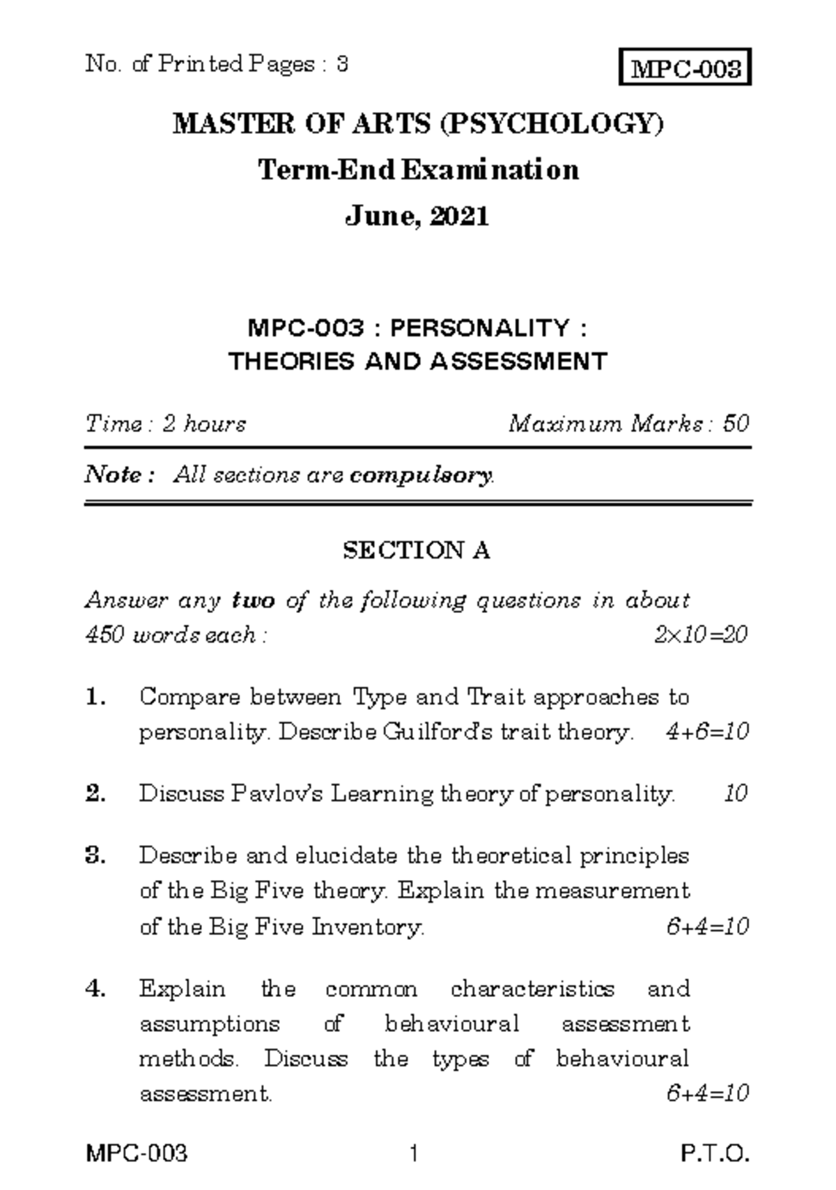 MPC-3 - Personality Theories and Assessment previous year question paper - MPC-003 1 P.T. MPC ...